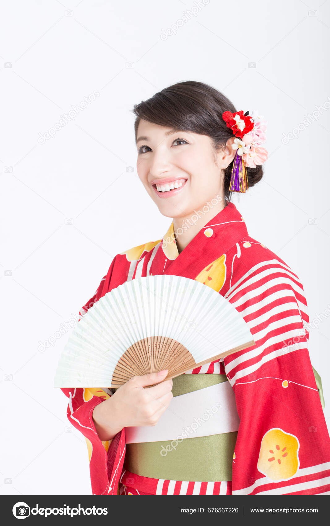 Beautiful Woman Traditional Red Kimono Fan — Stock Photo ...