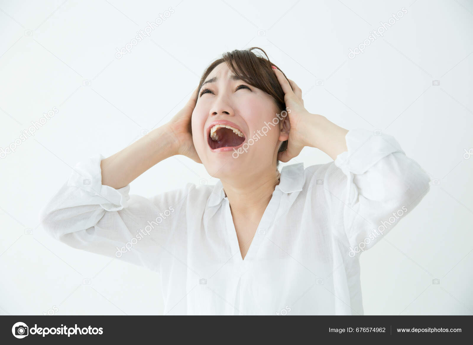 Studio Shot Beautiful Sad Japanese Woman Crying White Background ...