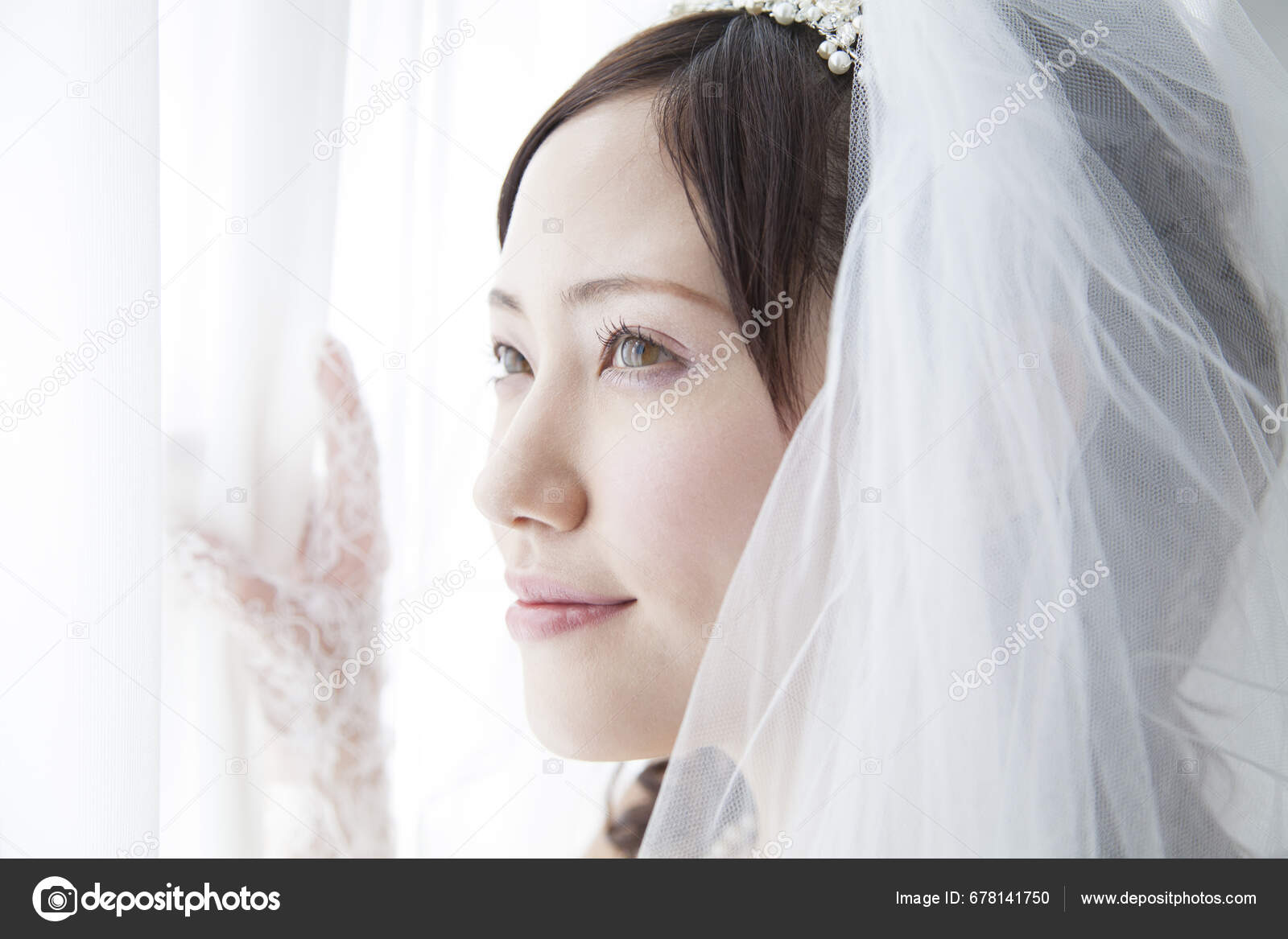 Beautiful Japanese Young Bride Veil Standing Window — Stock Photo ...