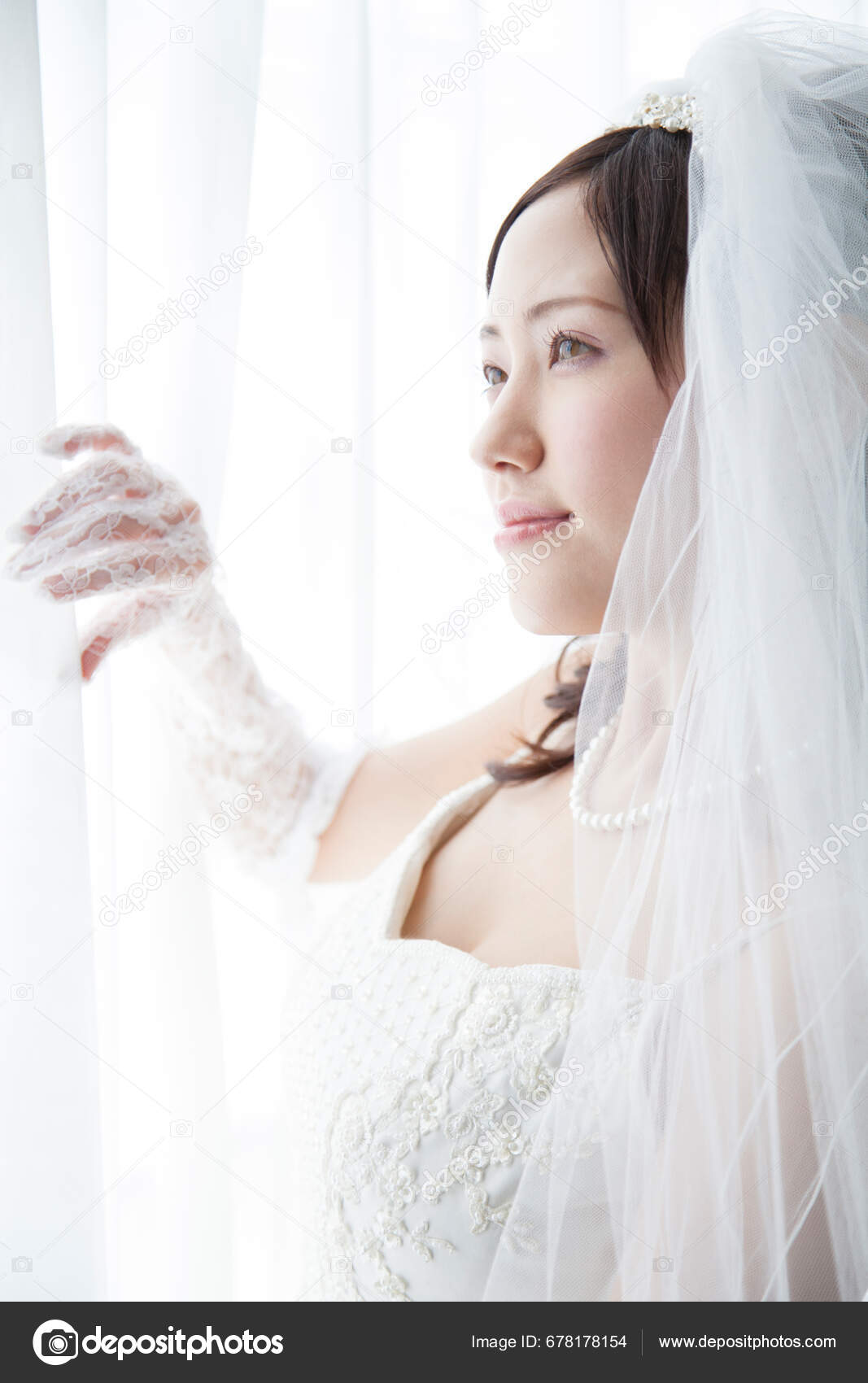 Beautiful Japanese Young Bride Veil Standing Window — Stock Photo ...