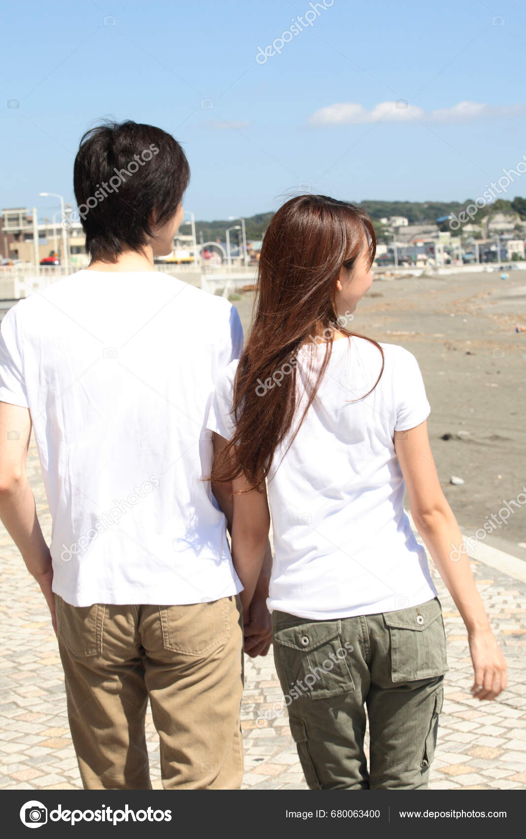 Couple Asian People Walking Together Beach Travel Vacation Concept ...