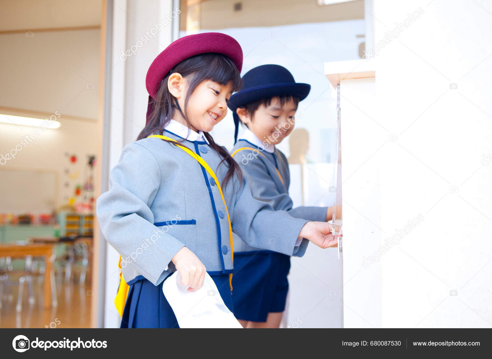 Two Cute Japanese Children Elementary School — Stock Photo ...