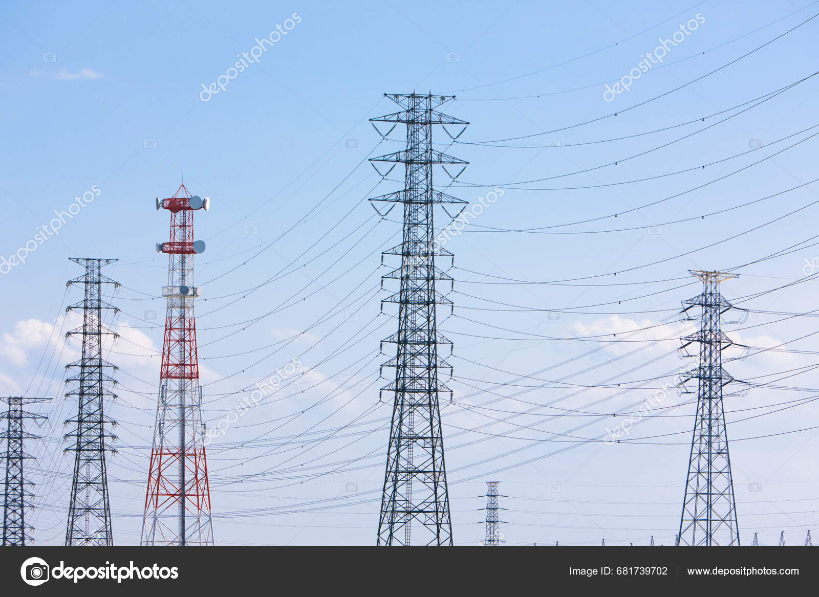High Voltage Power Lines Blue Background High Voltage Electric ...
