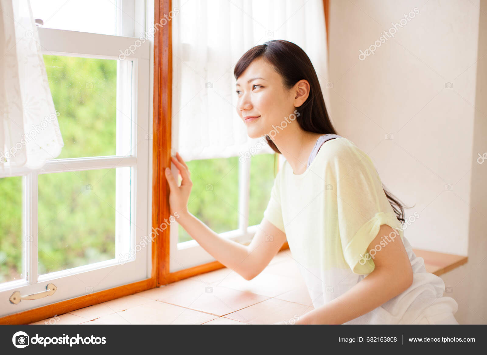 Young Asian Woman Looking Window Living Room — Stock Photo ...