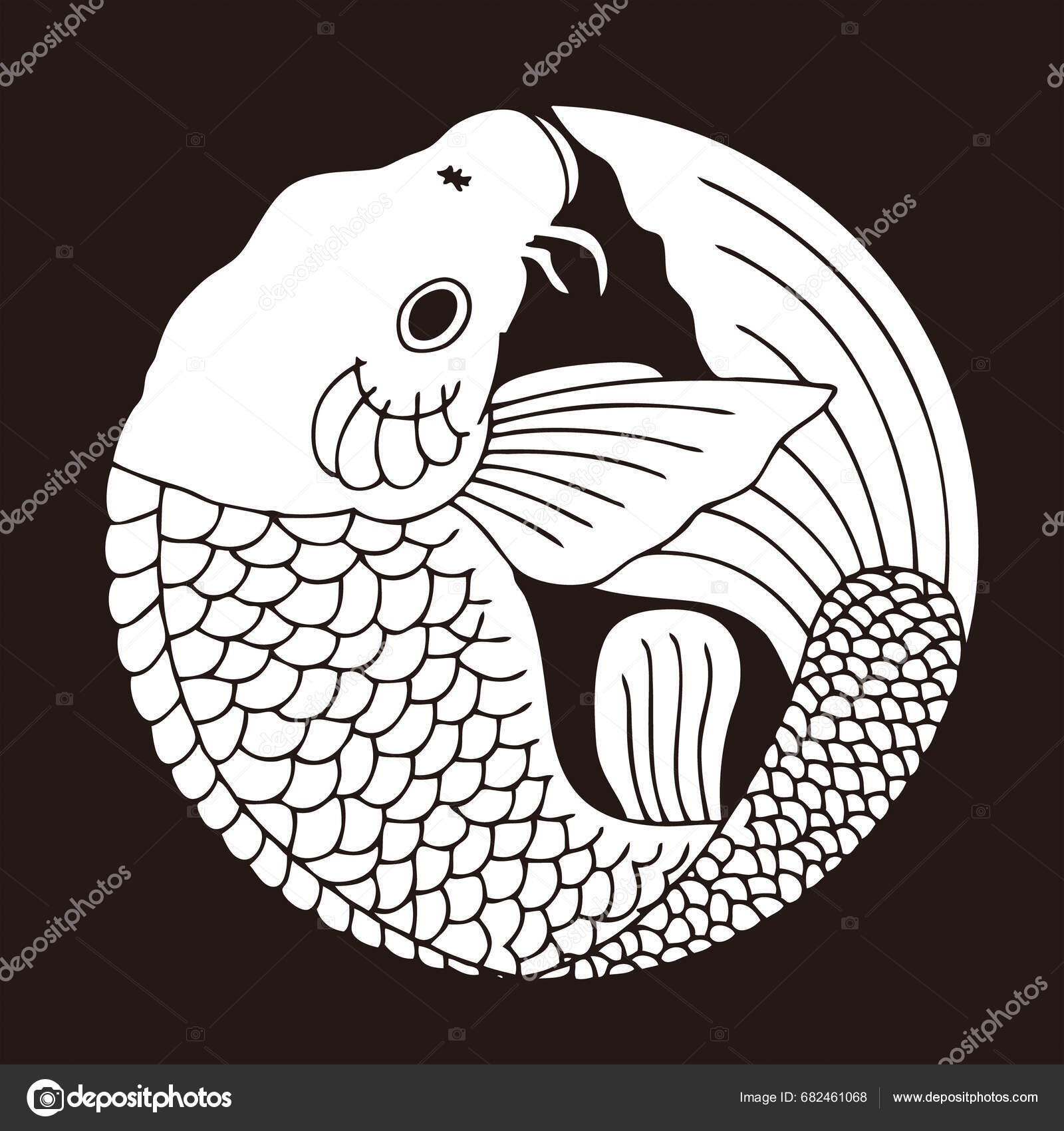 Stylized Traditional Japanese Illustration Koi Fish Black White — Stock ...