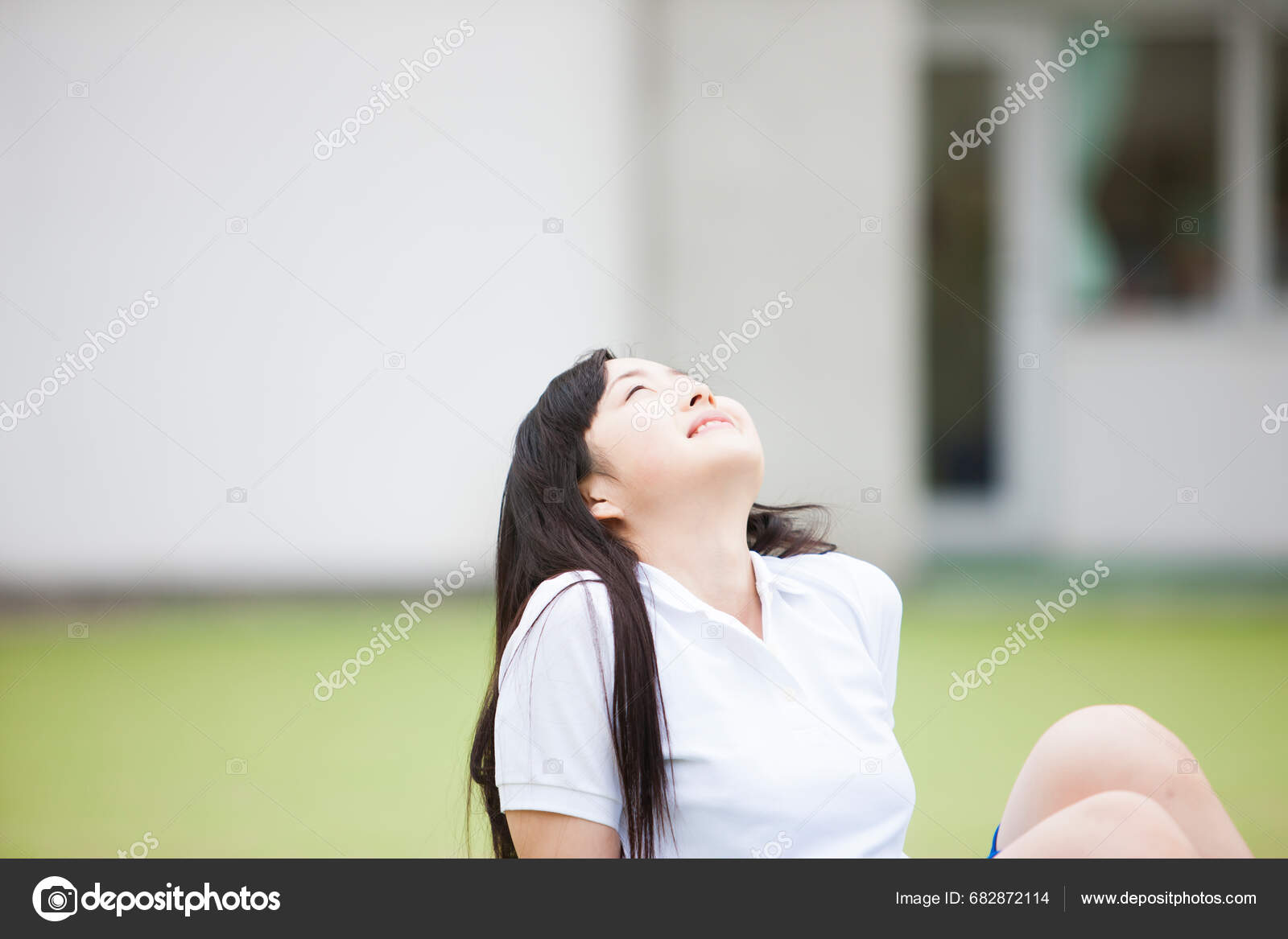 Japanese Girl Student Sitting Green Lawn — Stock Photo © Paylessimages ...