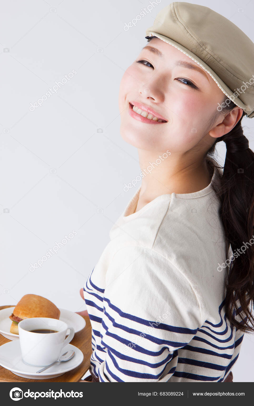 Portrait Beautiful Young Japanese Waitress Stylish Clothes Cafeteria ...