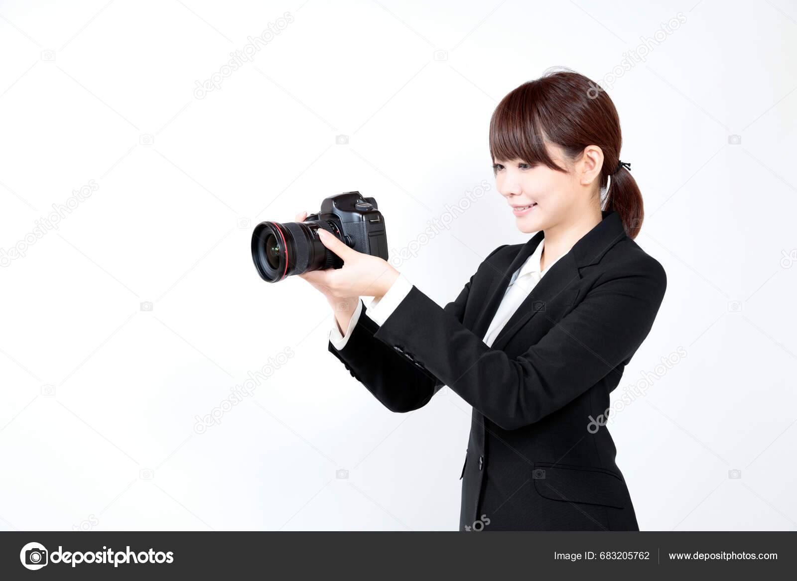 Close Portrait Beautiful Young Asian Businesswoman Suit Camera Isolated ...