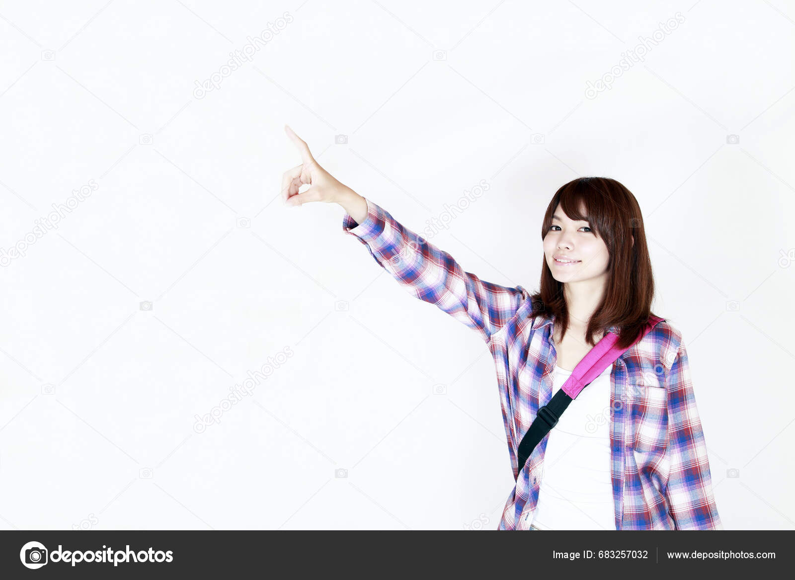 Portrait Beautiful Japanese Woman Pointing Something — Stock Photo ...