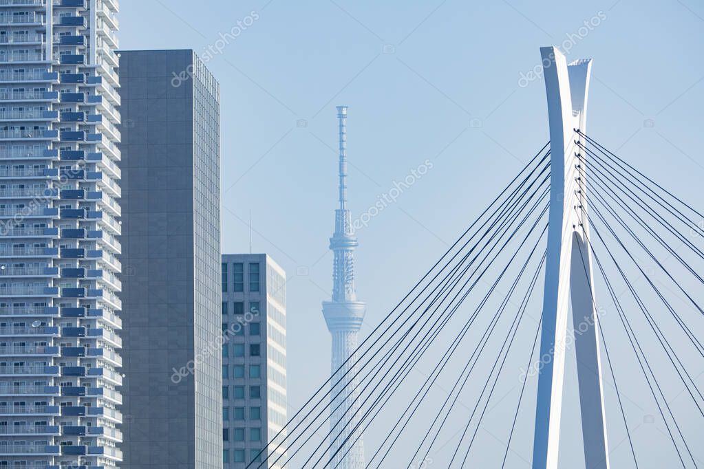 Tsukudukushima, Chuo-ku, Tokio, Japón. Paisaje de la isla de Tsukuda en verano. Río Sumida y ...
