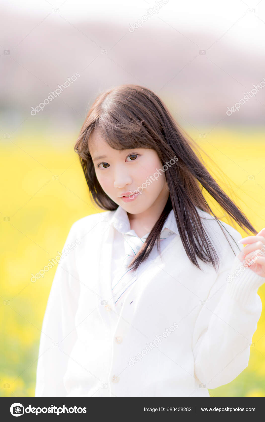Beautiful Asian Girl School Uniform Field Yellow Flowers — Stock Photo ...