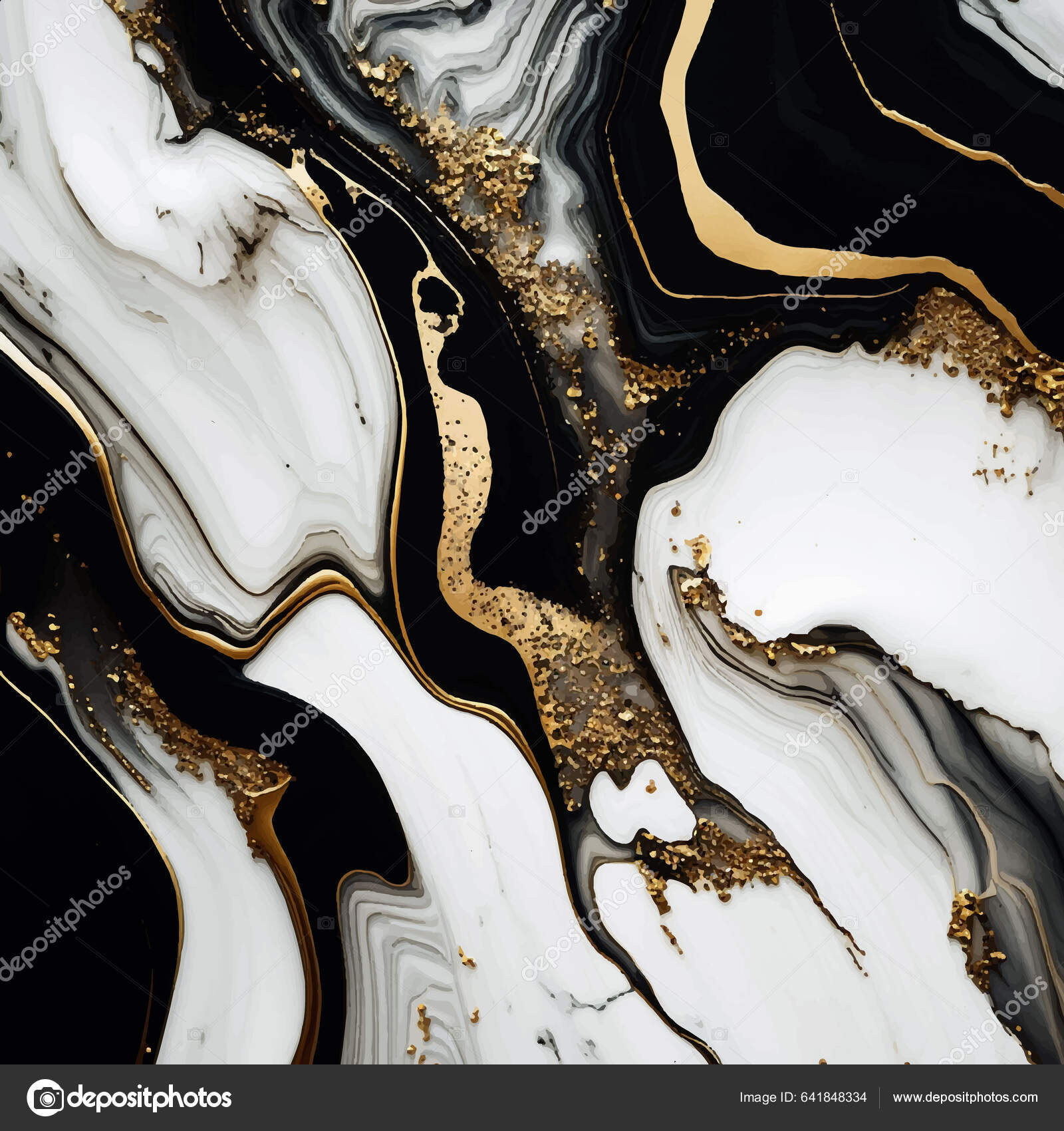 Black White Gold Liquid Abstract Marbled Background Golden Inlay Veins ...