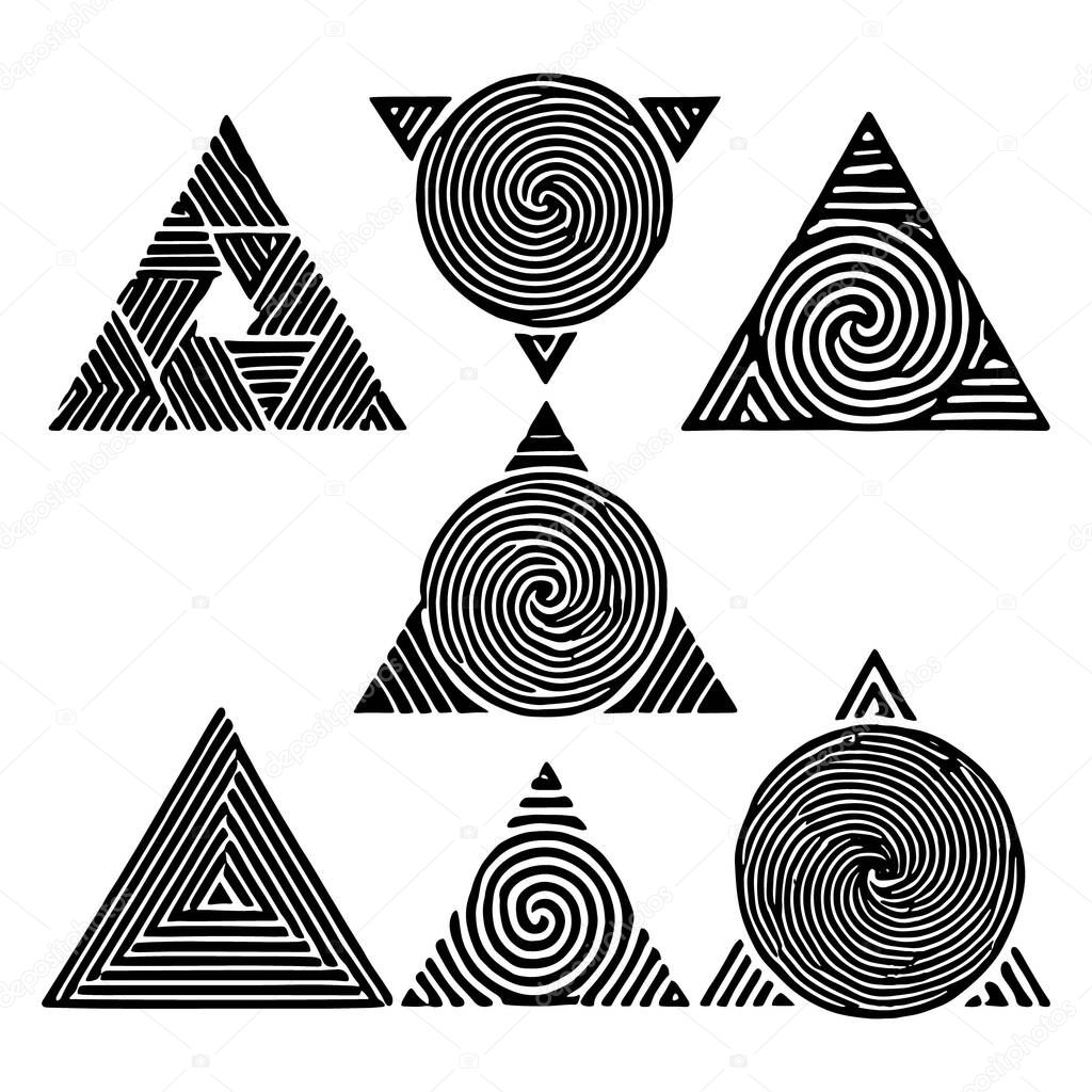 Colección vectorial de triángulos negros con líneas espirales, círculos, rayas sobre fondo ...