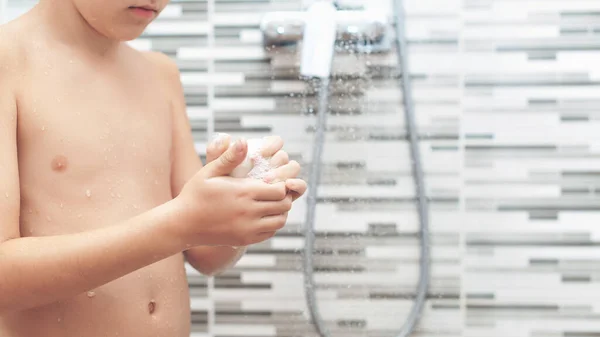 Boy Washing Himself Shower Healthy Childhood Lifestyle Concept Happy ...