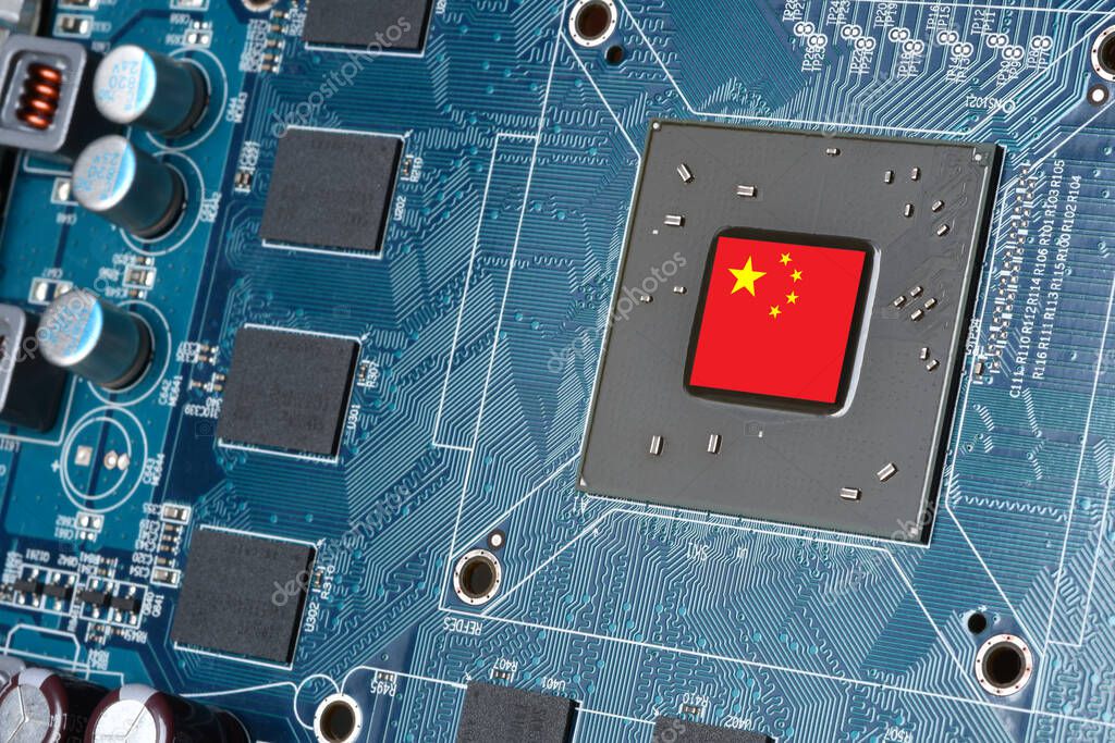 China flag on a processor, central processing unit CPU or microchip on ...