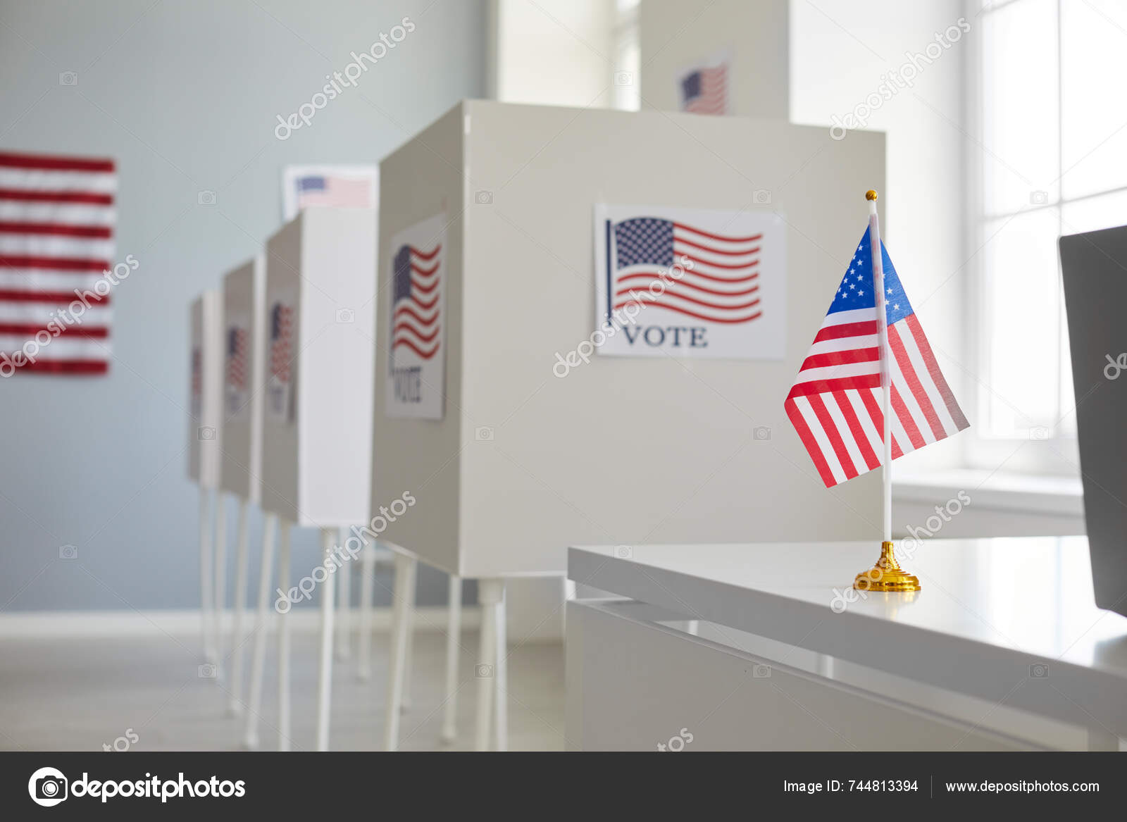 Empty Polling Station Row White Voting Booths Decorated American Flag ...