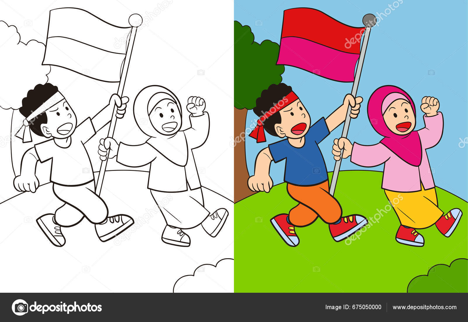 Libro Para Colorear Niño Niña Con Bandera Vector de stock por ...