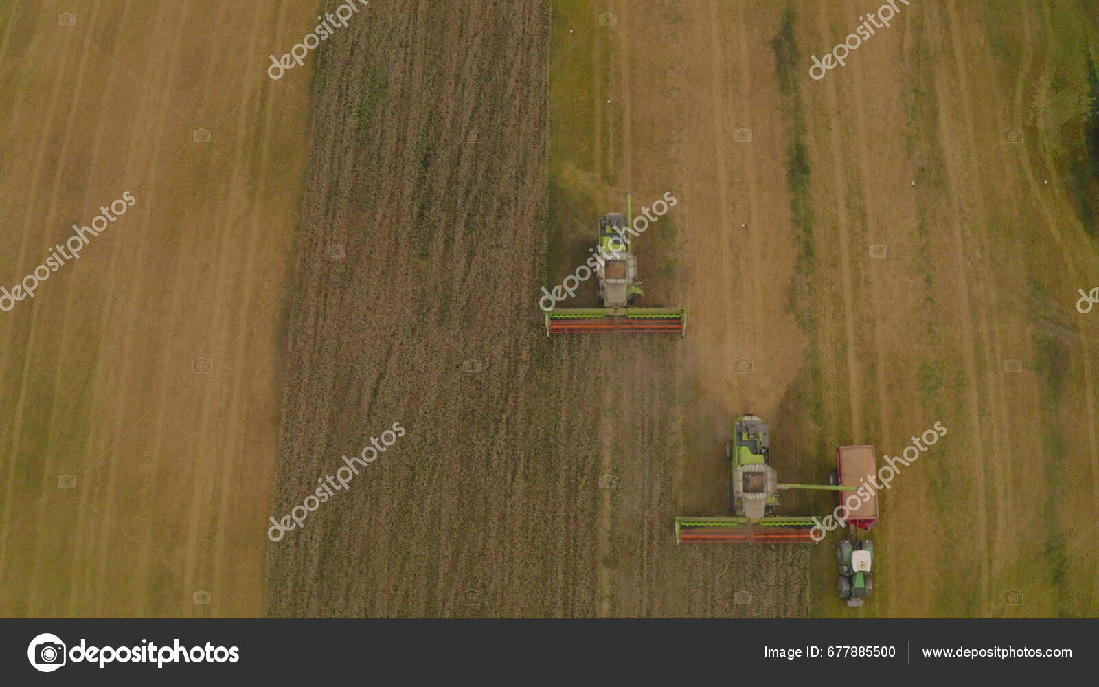 Aerial View Combine Harvester Field Harvesting Wheat Work Combine ...