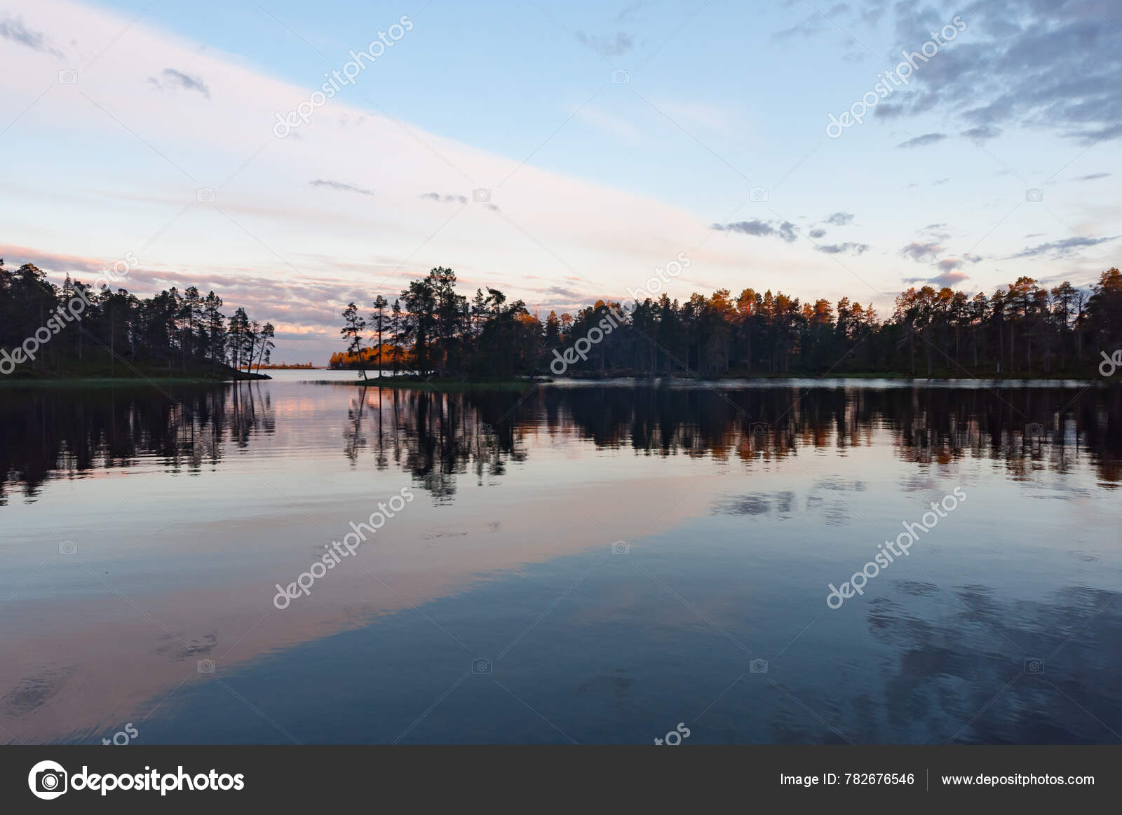 Clouds Reflected Surface Calm Lake Forested Islands Summer Inari ...