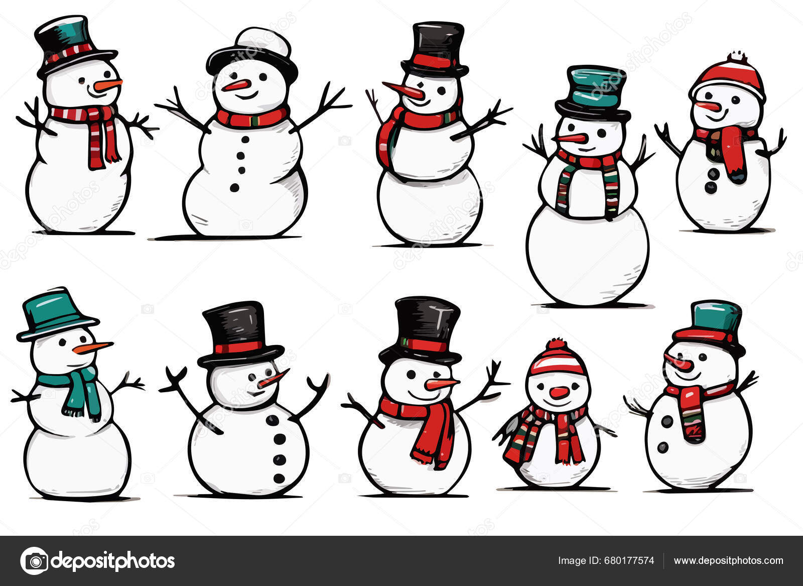 Cheerful Cute Happy Snowmen Cap Scarf Set Sketch Hand Drawn Stock ...