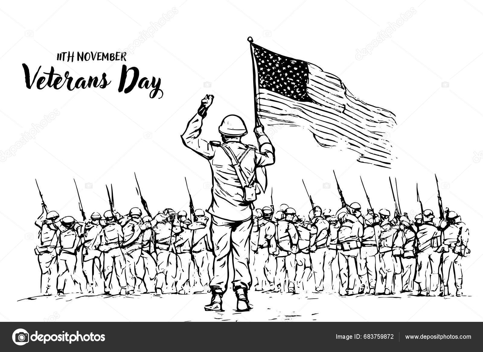 Sketch Veterans Day Simple Vector Banner Poster Background Flag Soldier ...