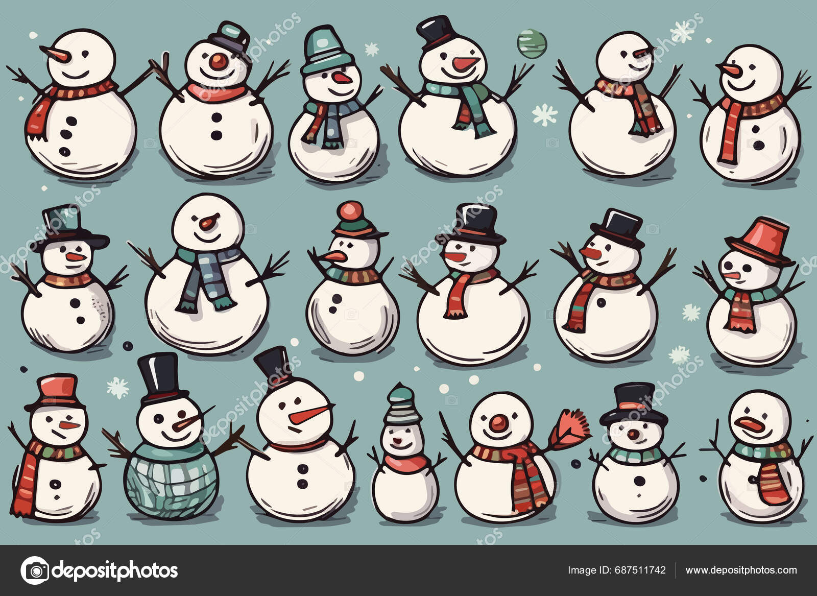 Sketch Cute Snowman Hats Scarves Hand Drawn Bright Christmas Characters ...