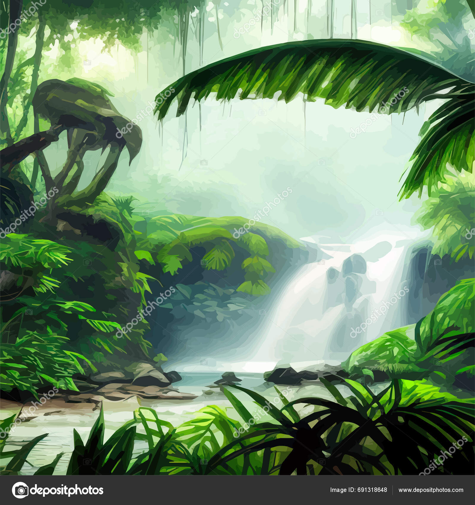 Beautiful Waterfall Deep Rainforest Heaven Jungle Wildlife Waterfall Landscape Vector Stock ...