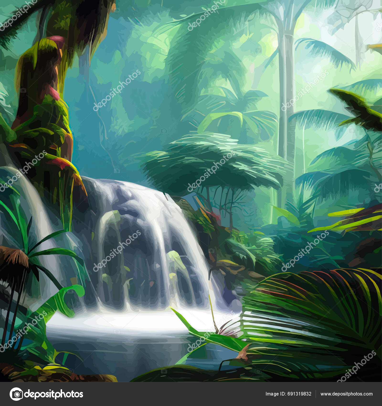 Beautiful Waterfall Deep Rainforest Heaven Jungle Wildlife Waterfall Landscape Vector Stock ...