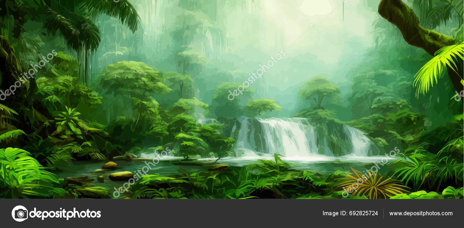 Jungle Waterfall Vector Illustration Fantasy Mystical Fauna Tropical ...