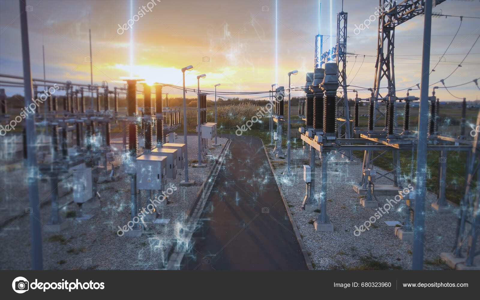 High Voltage Power Station Sunset Render Graphic Electricity — Stock ...