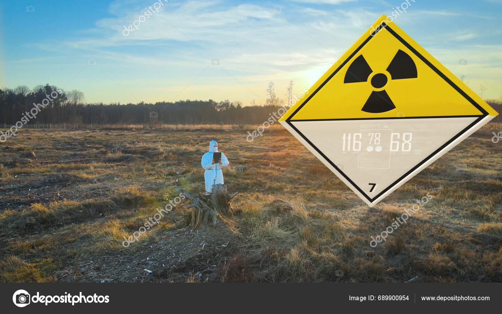 Scientist Checking Radiation Levels Radioactive Barren Land Render ...