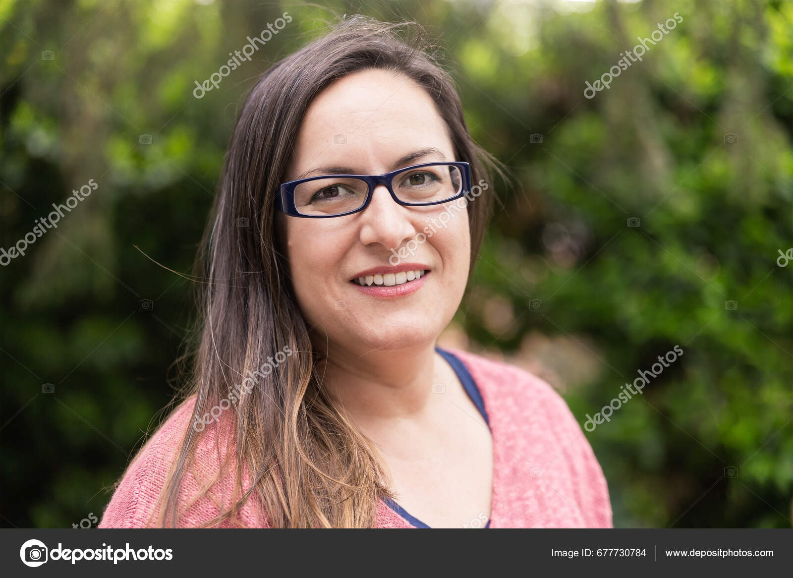 Outdoor Portrait Smiling Year Old Woman Glasses Brown Hair Looking