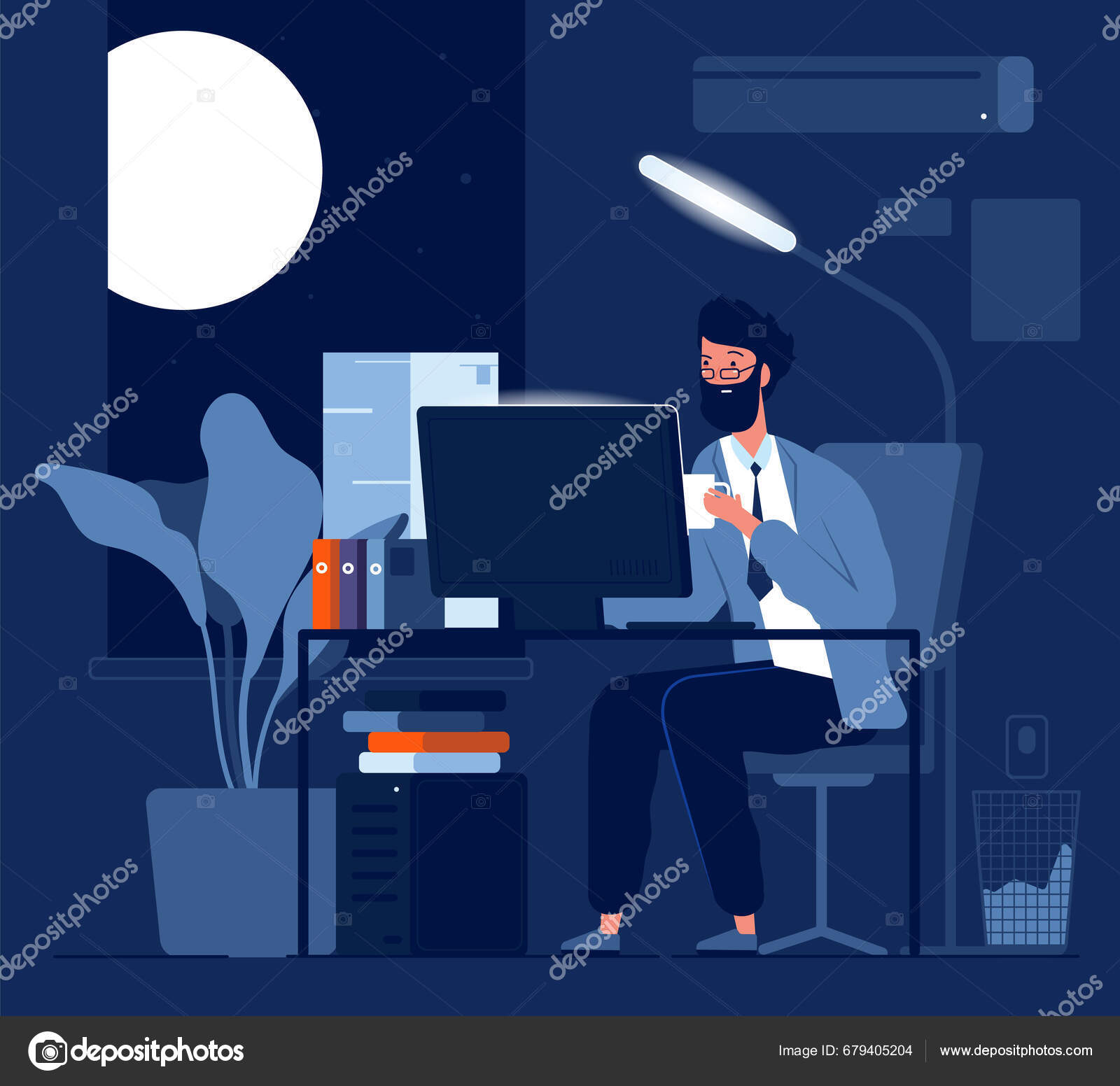 Person Late Work Business Character Night Working Office Sitting ...