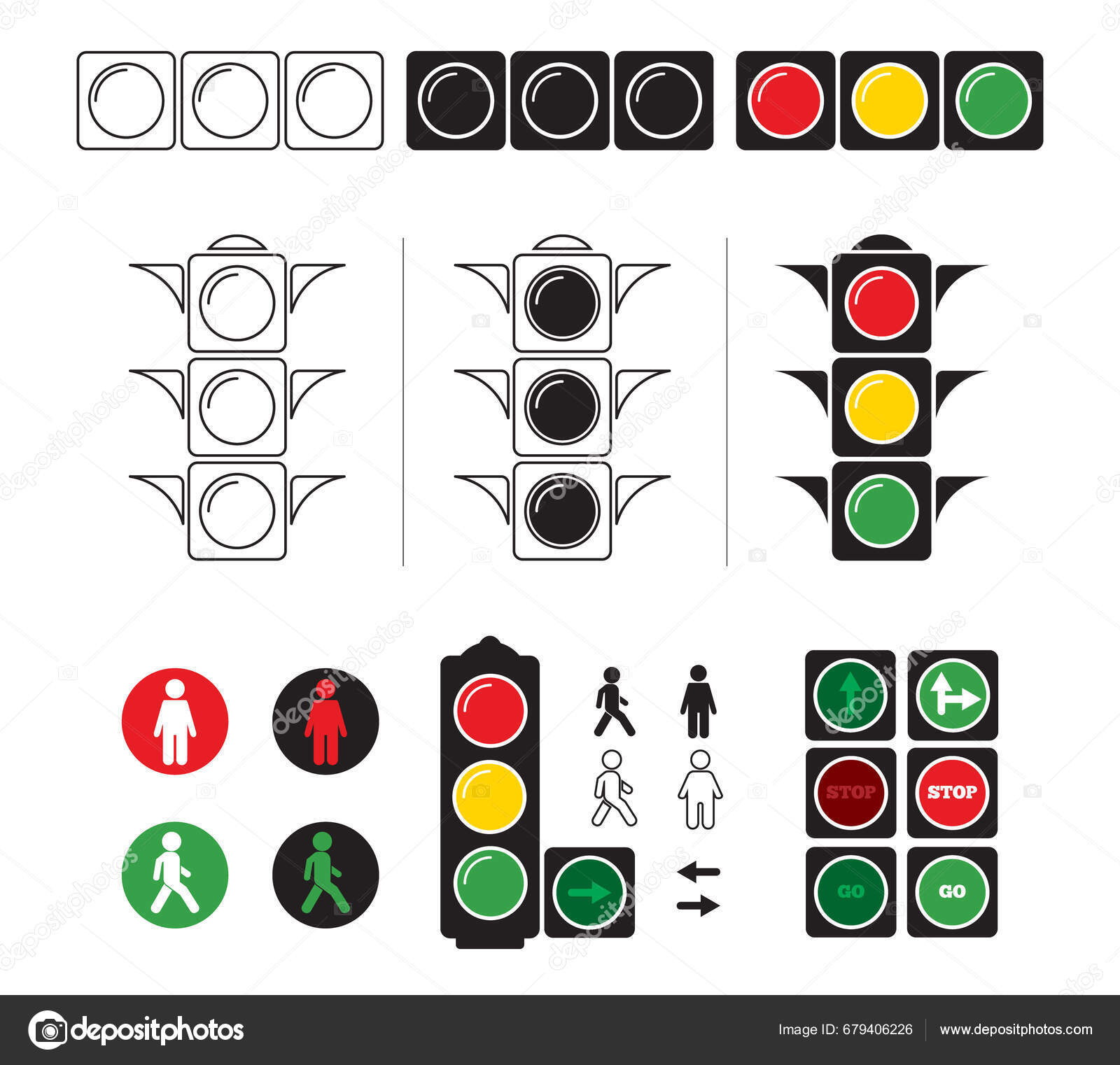 Set Stylized Illustrations Traffic Light Symbols Vector Stoplight ...