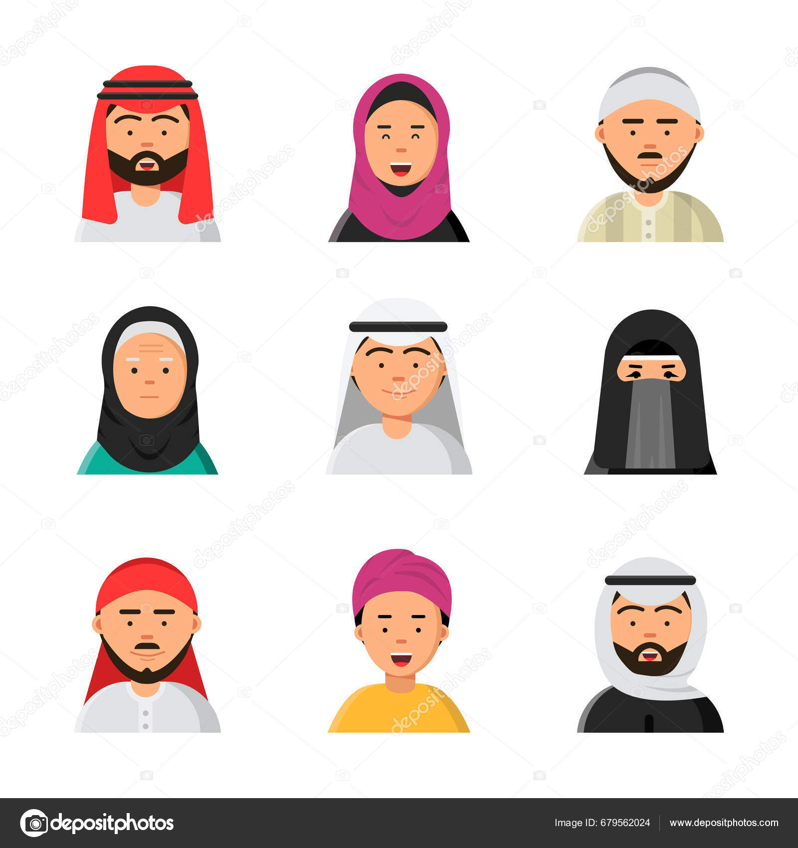 Image vectorielle Avatars Arabes Islam Portraits Musulmans Hijab Niqab ...