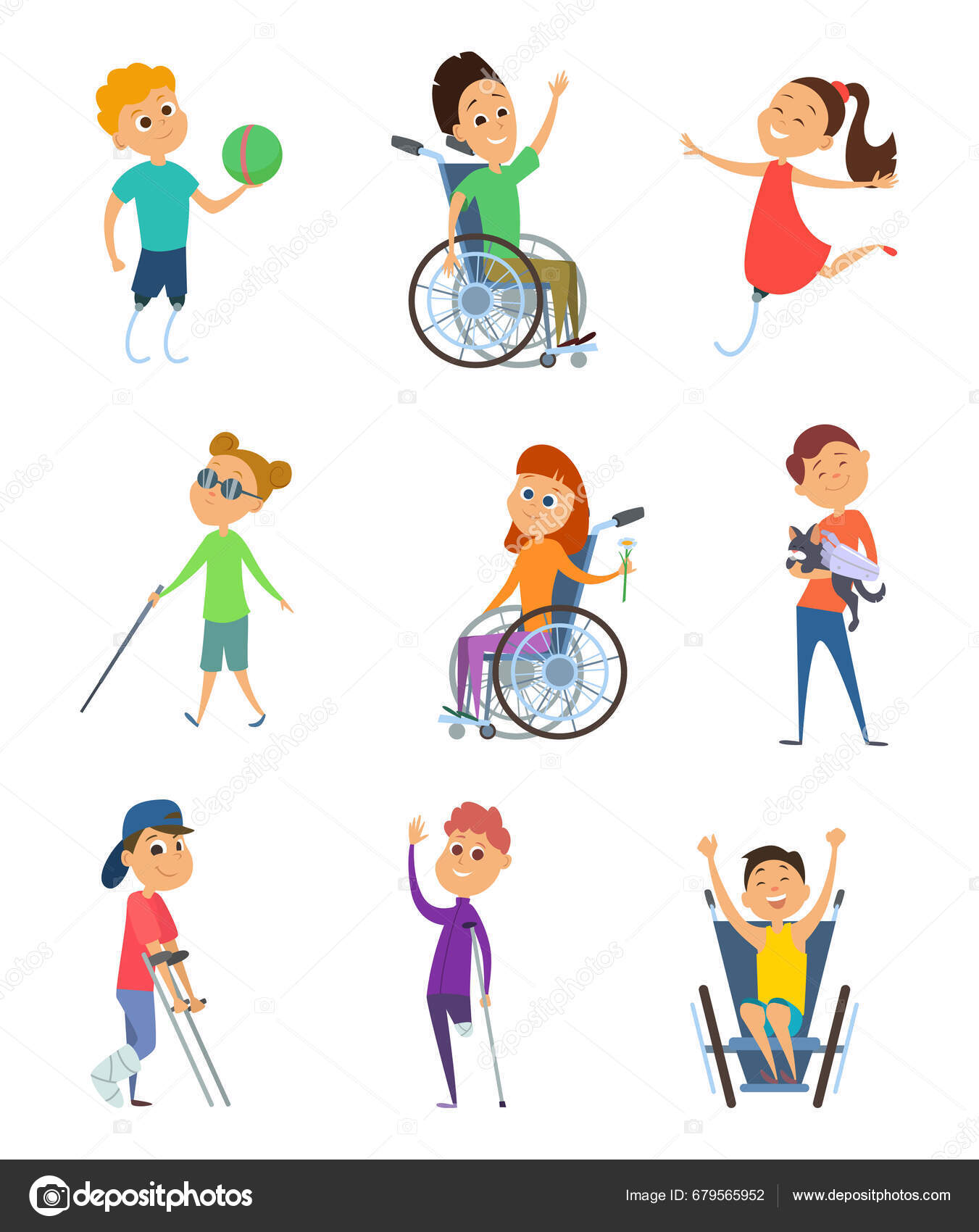 Disabled People Wheelchair Kids Children Disability Vector Characters ...