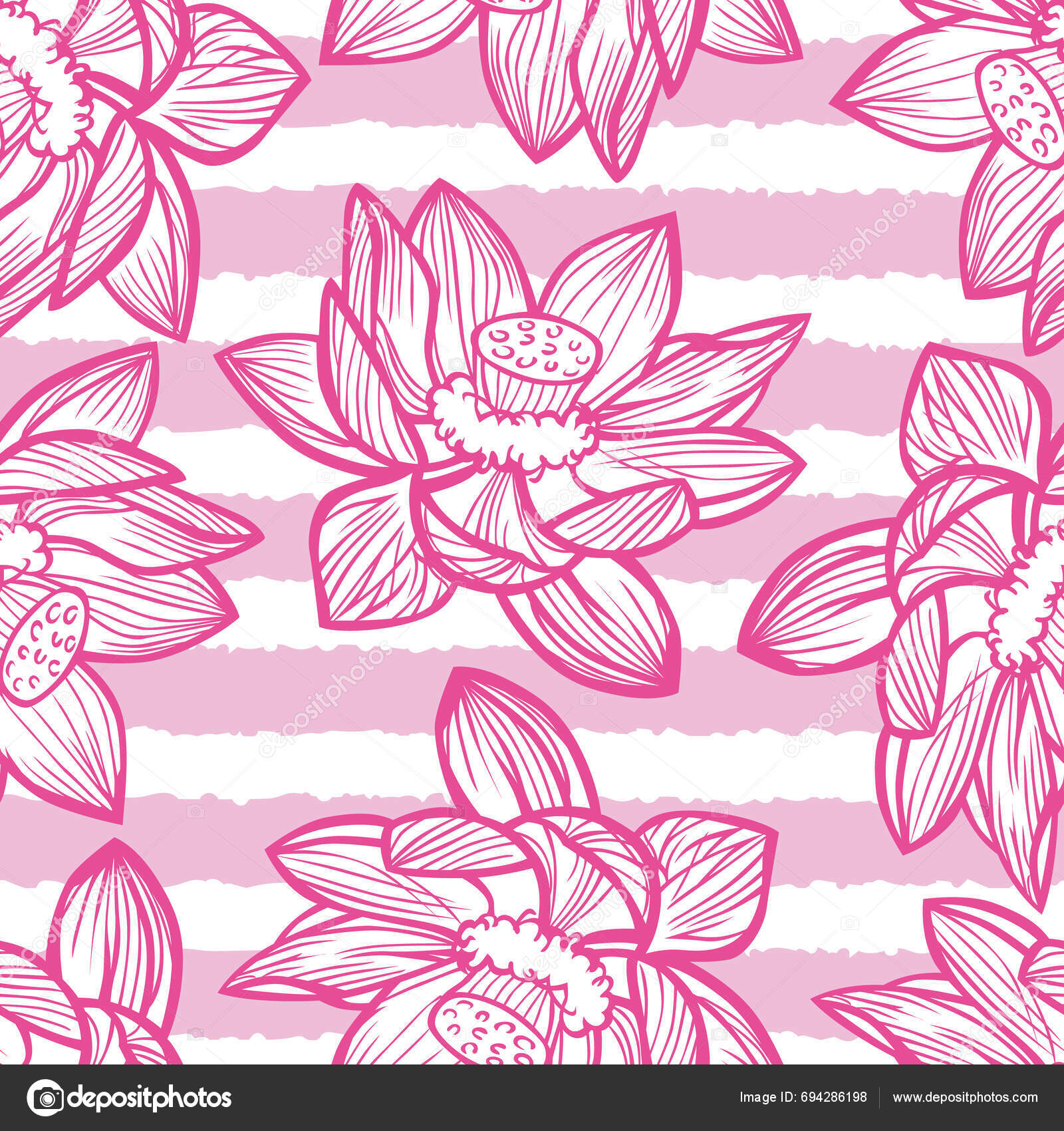 Vector Pink Lotus Flower Outlines Monochrome Repeat Pattern Stripes ...