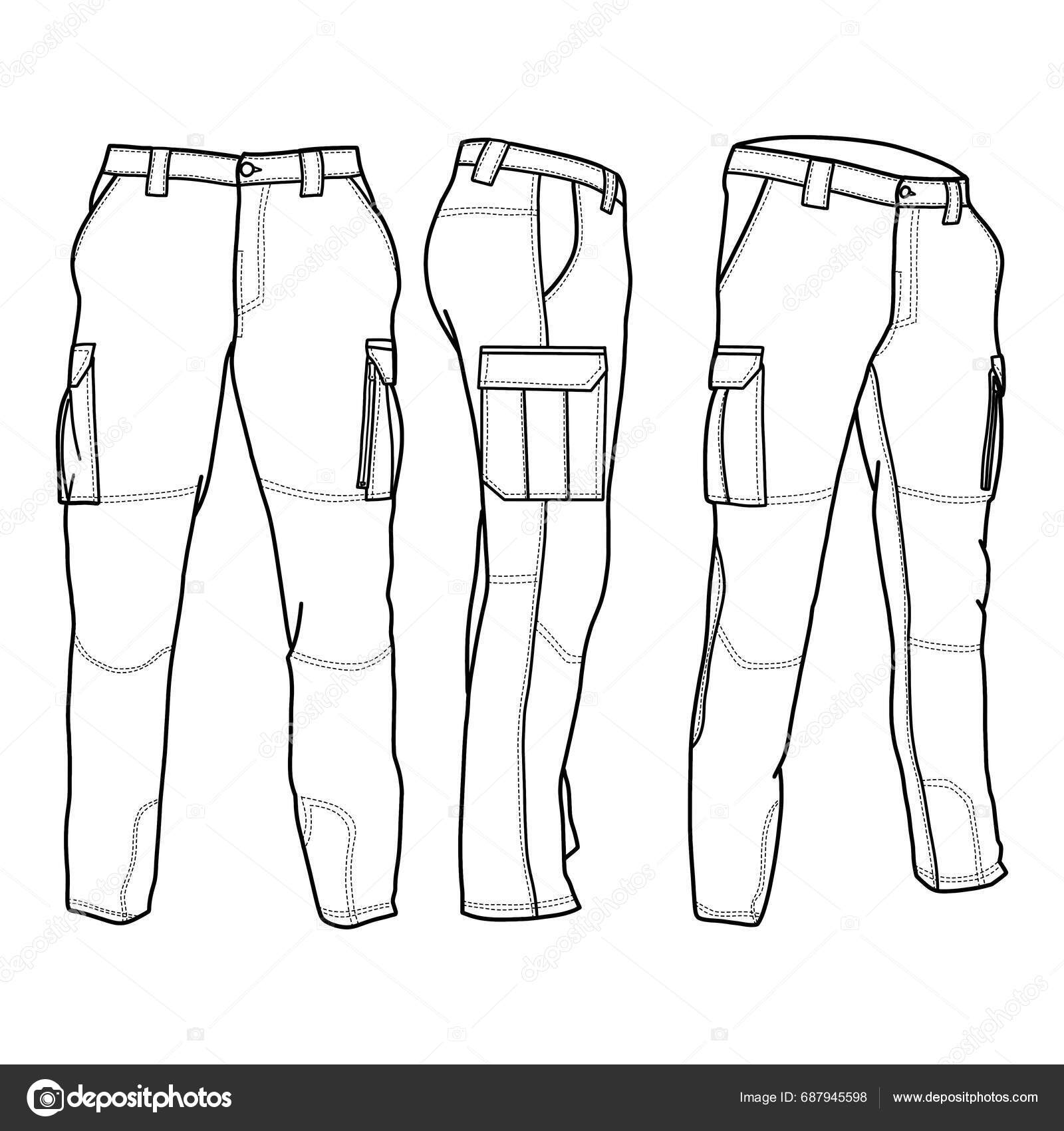 Technical Sketch Drawing Mens Cargo Trousers Vector Template Front Back ...