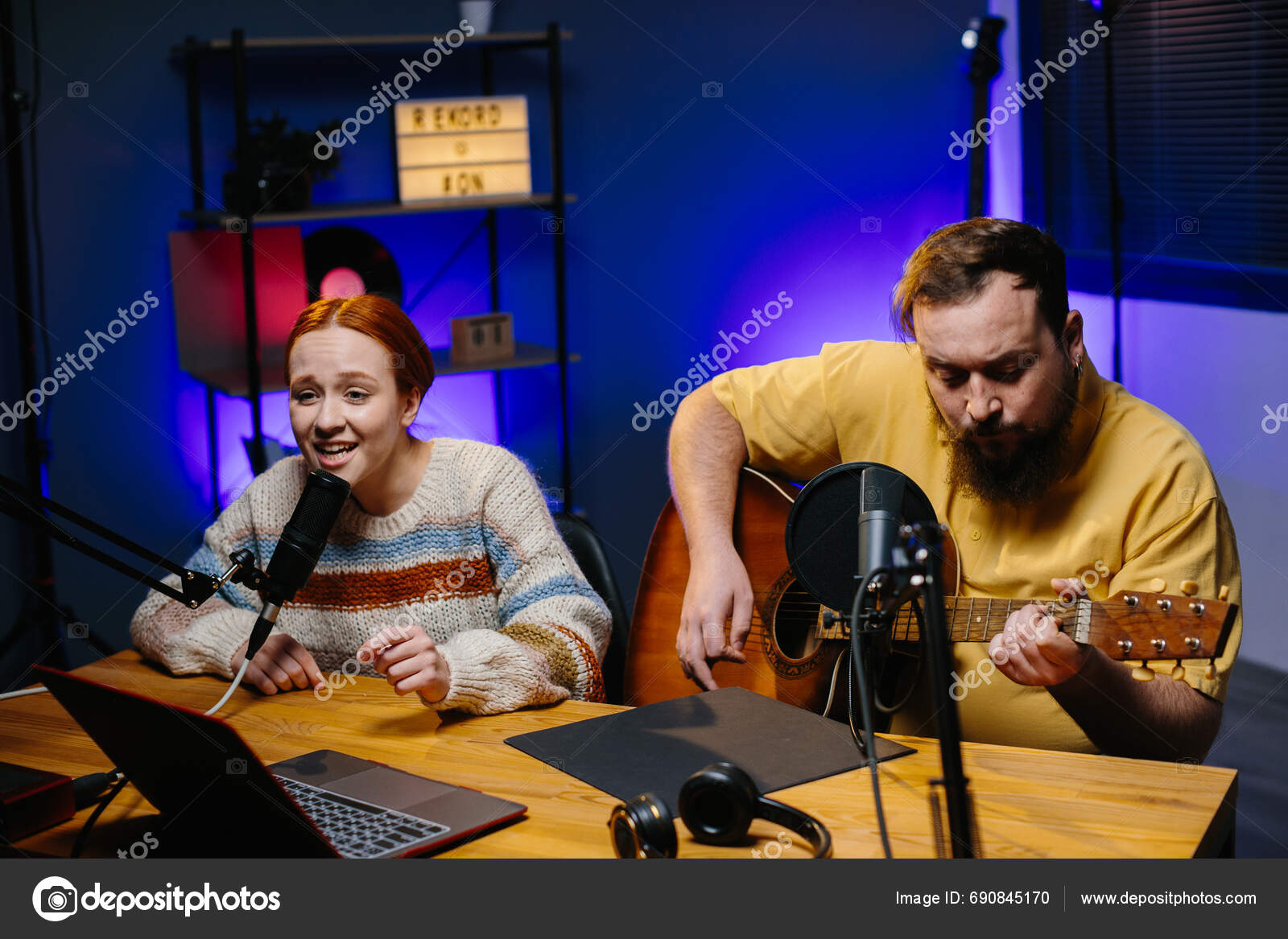 Cheerful Couple Radio Presenters Perform Song Air Man Woman Sing Stock ...
