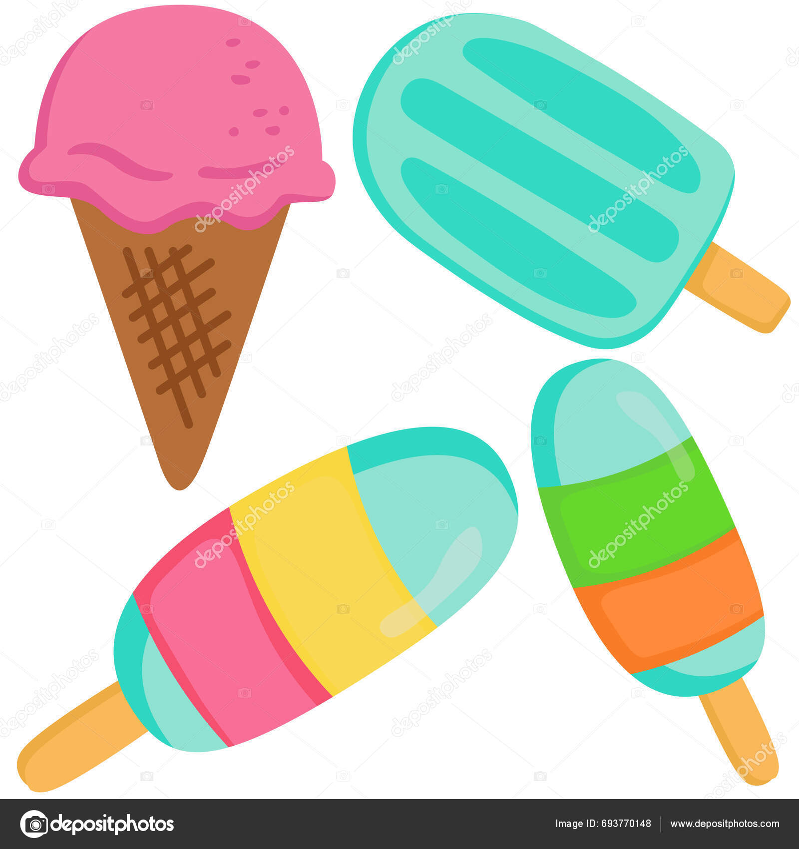 Colorido Lindo Helado Postre Sabor Dibujos Animados Ilustración Vector ...