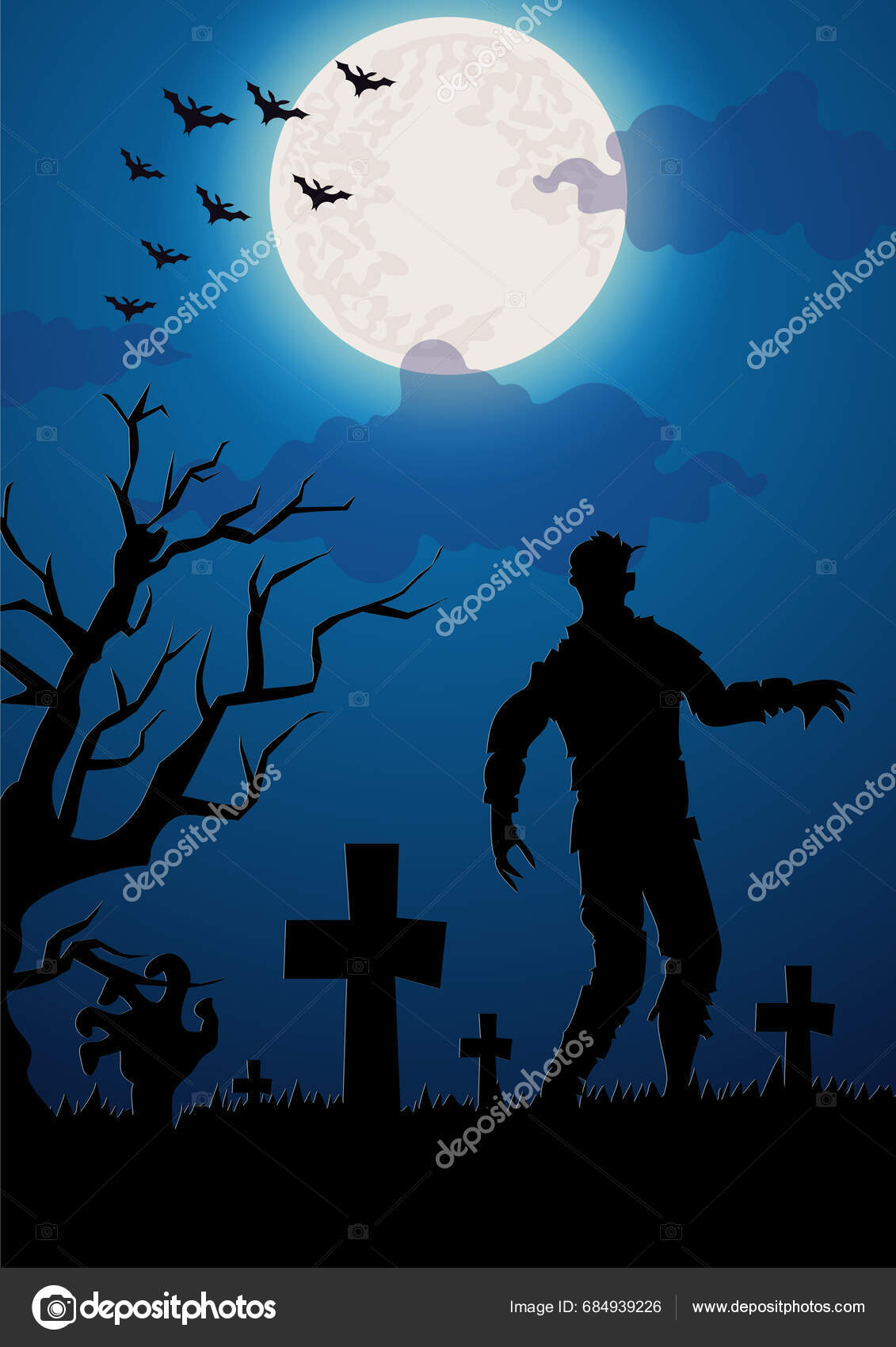 Halloween Background Haunted Zombies Graveyard Creepy Cemetery Moon ...