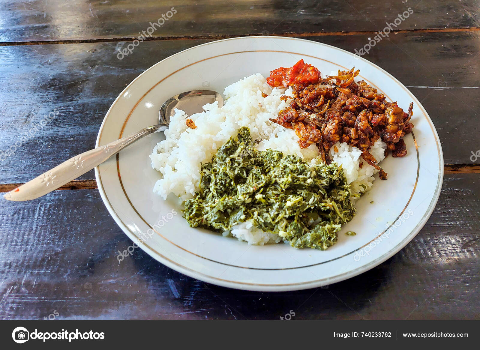 Indonesian Food Mixed Rice Vegetables Sweet Potato Leaves Fish — Stock ...