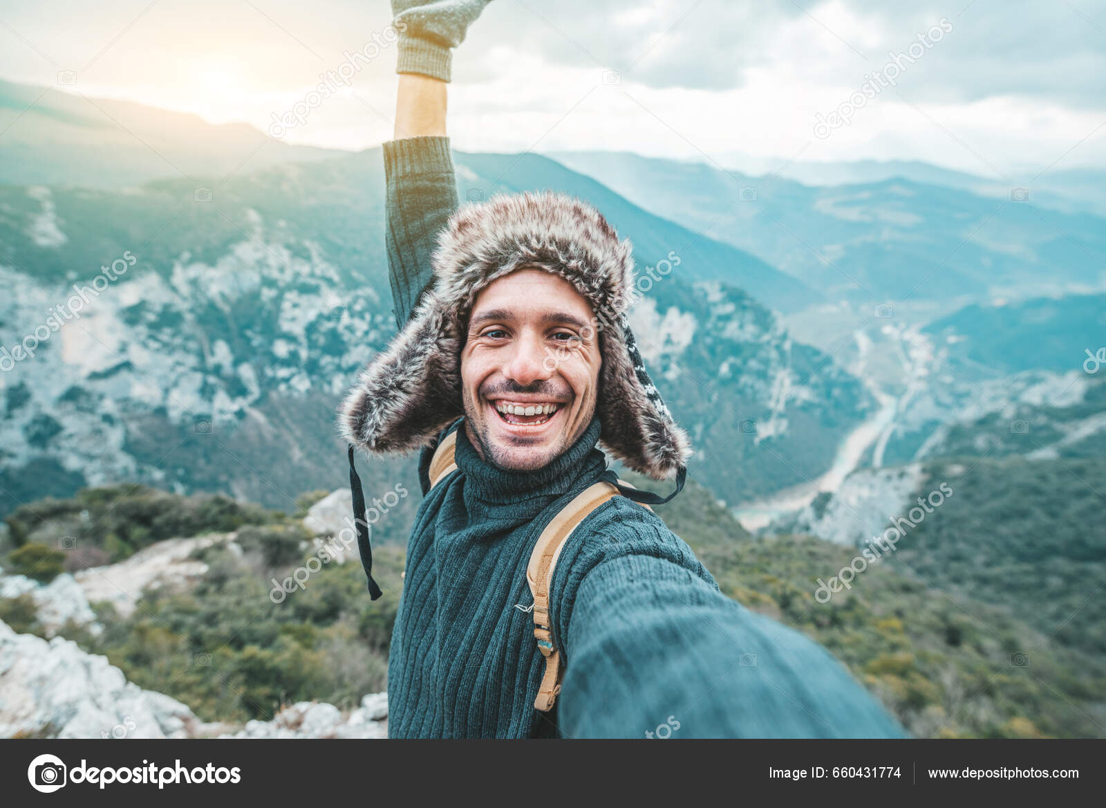 Handsome Happy Hiker Taking Selfie Top Mountain Smiling Guy Trekking ...