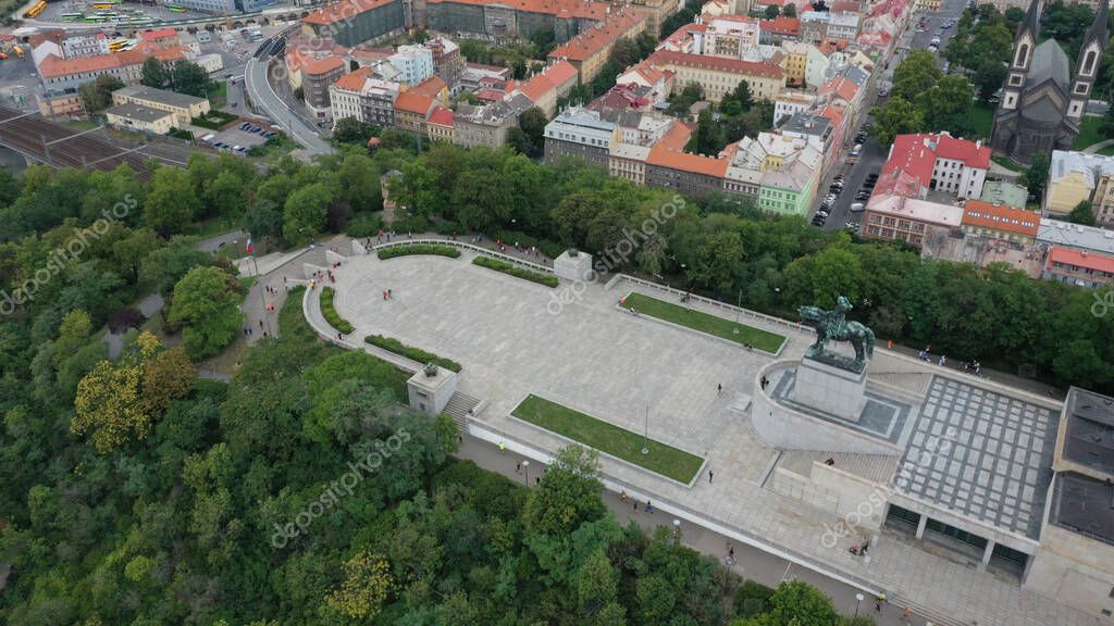 A drone captures the spacious National Memorial on the Vitkov Hill in ...