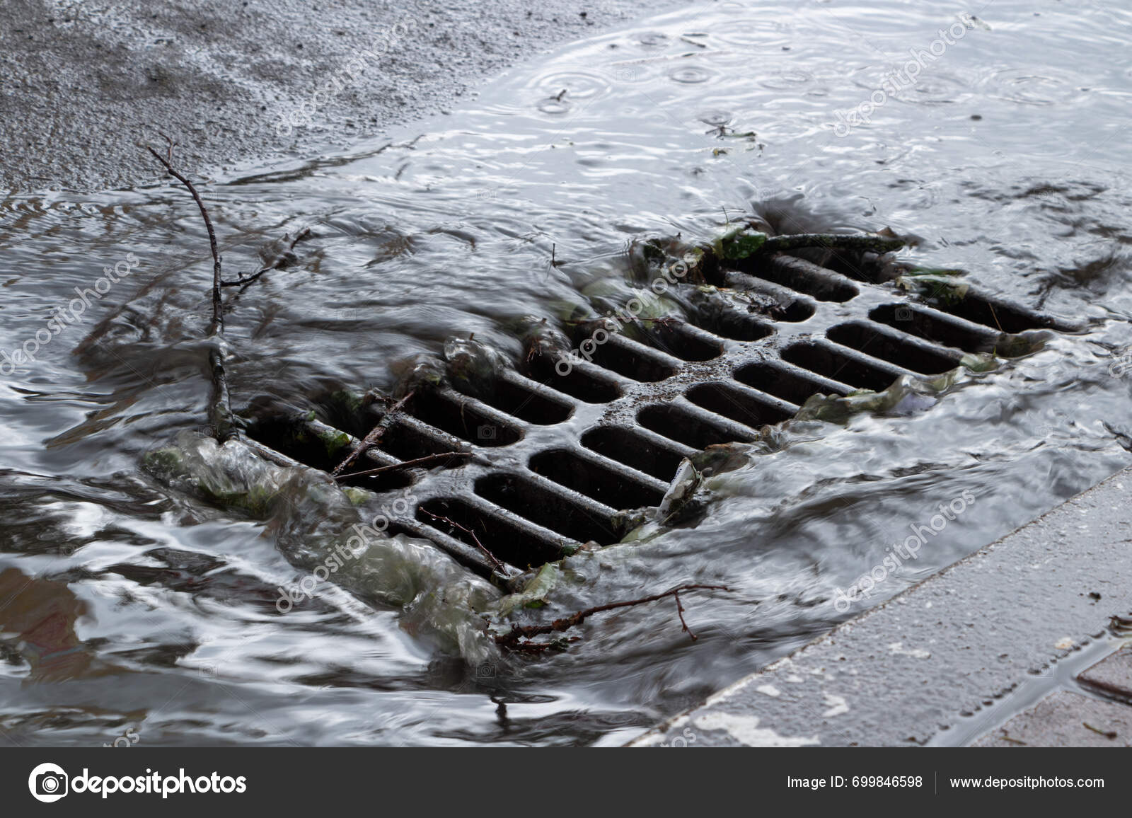 Rainwater Flows Storm Sewer City Sewage System Draining Water Heavy ...