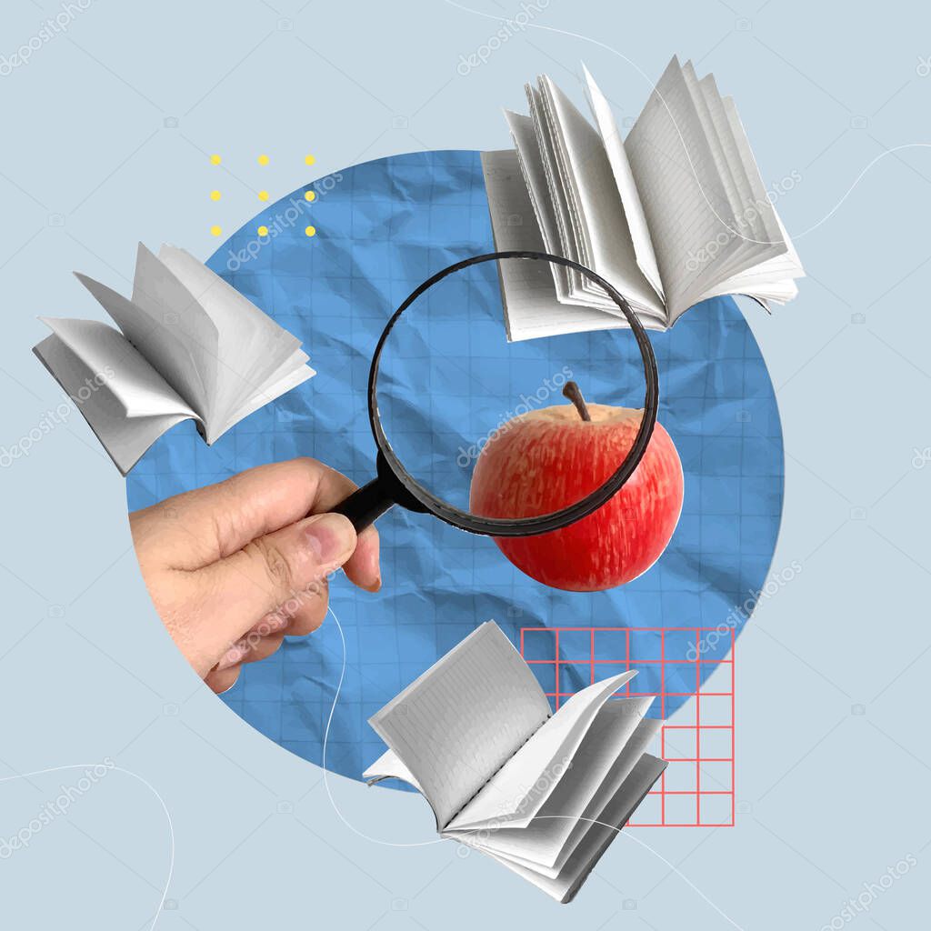 Un cautivador diseño de collage con una manzana y libros abiertos ...