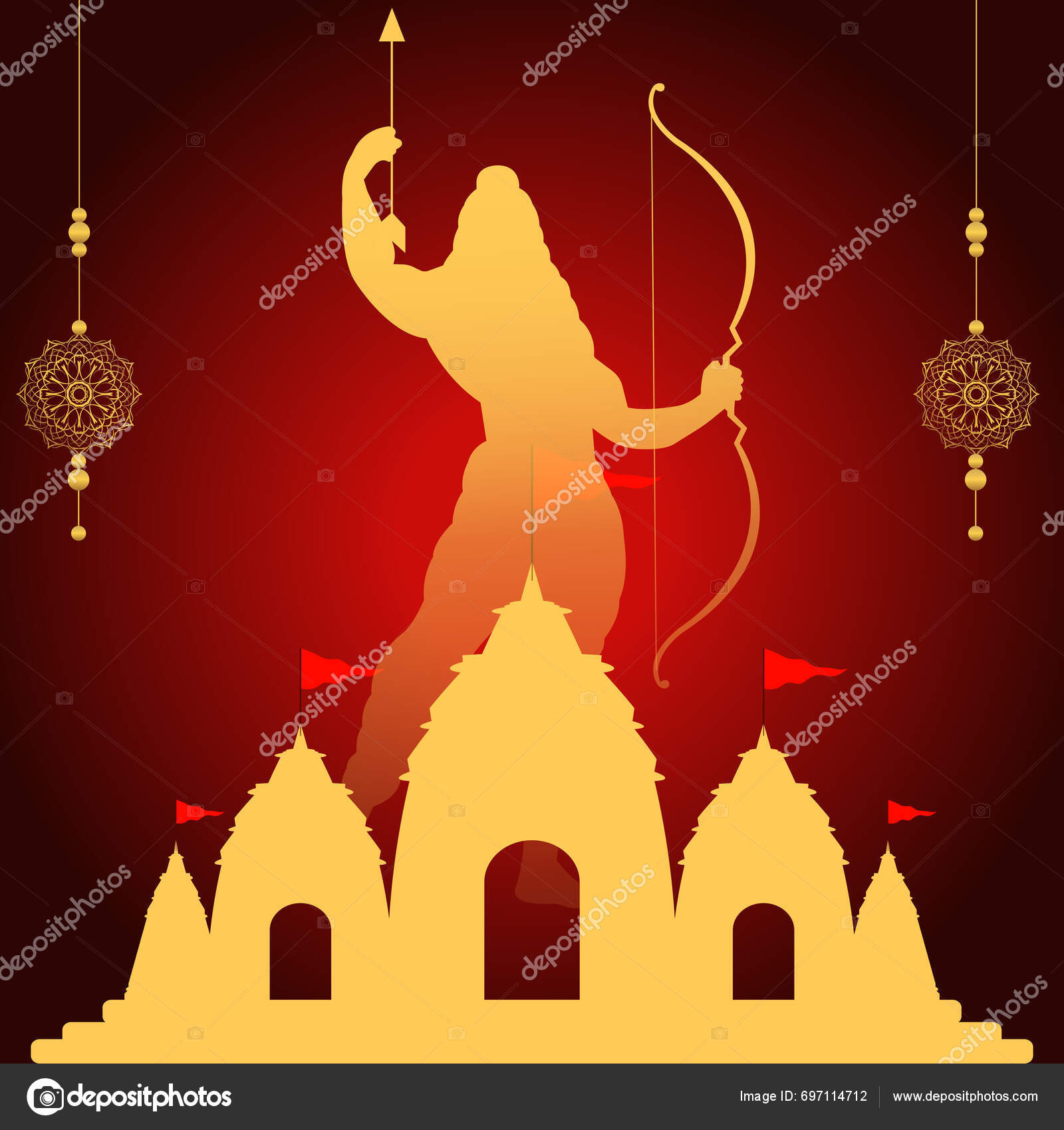 Silhouette Lord Shri Ram Ayodhya Ram Mandir Red Background Stock Vector ...