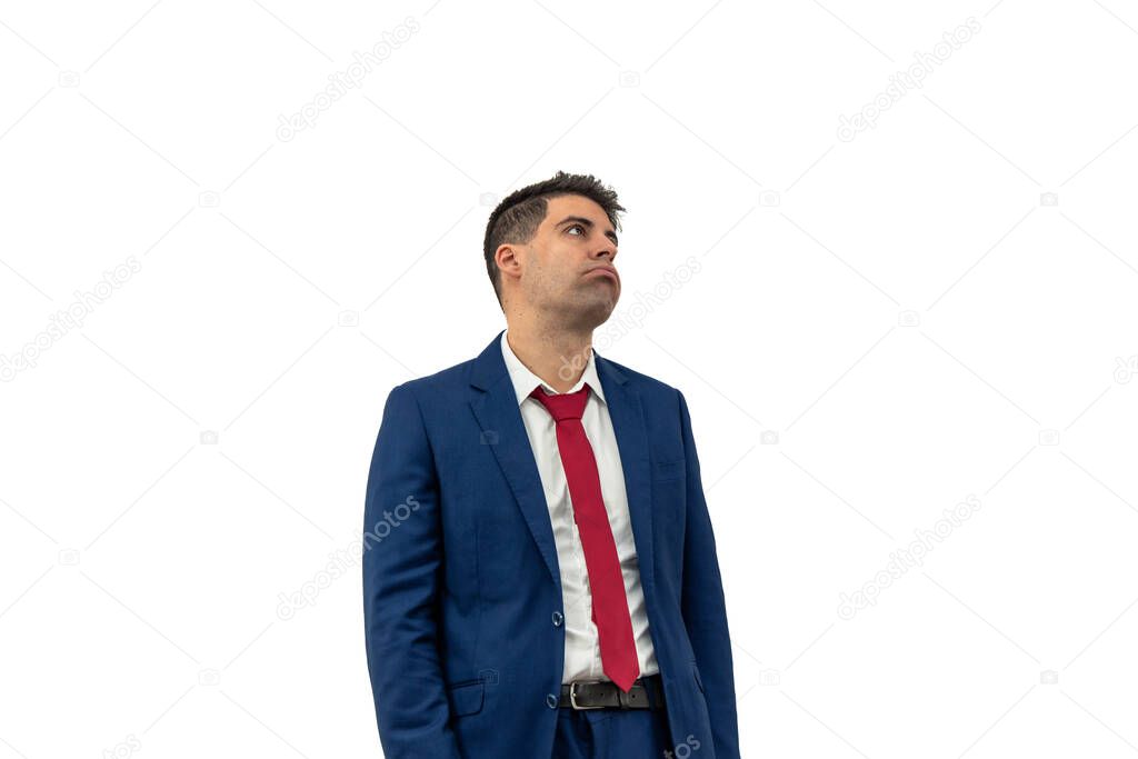 hombre de negocios suspira con hombros caídos, mostrando una expresión ...