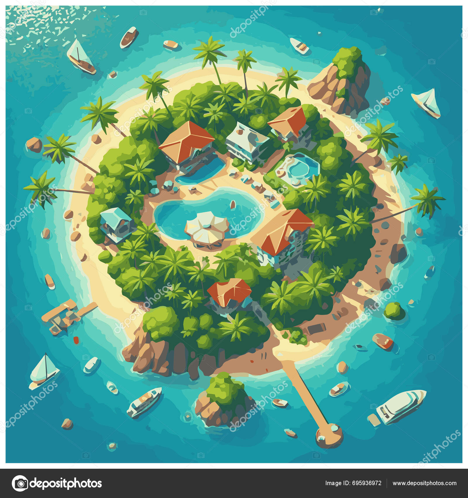 Aerial Paradise Top View Vector Illustration Tropical Island Oasis Palm ...