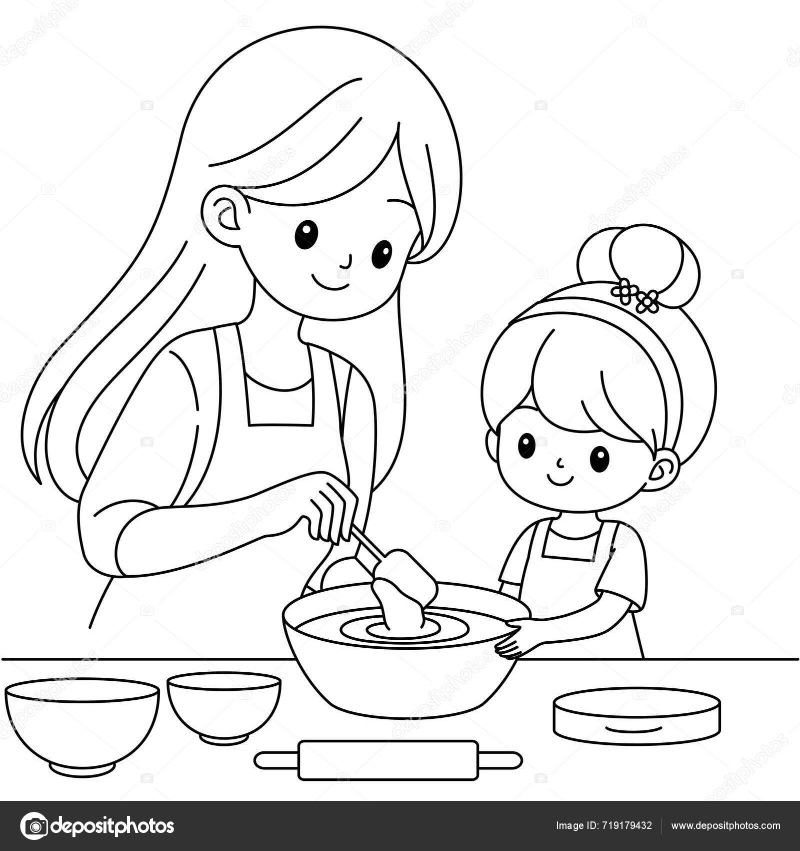 Mamá Hija Están Cocinando Juntos Para Colorear Página Día Madre Vector ...
